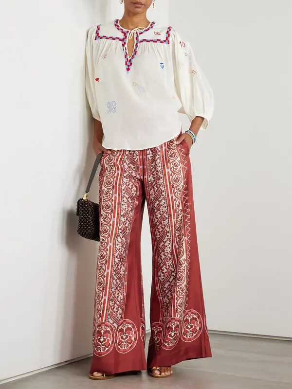 La DoubleJ Icon Palazzo Printed Silk-twill Pants - Red