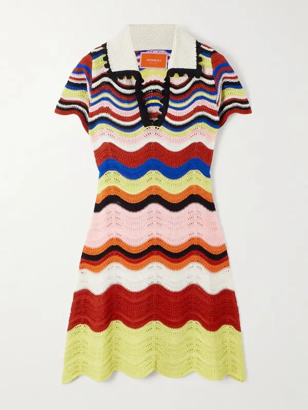 La DoubleJ Scalloped Striped Pointelle-knit Cotton Mini Dress - Multi