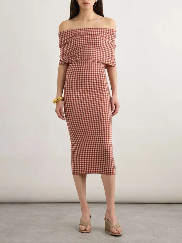Alaïa Off-the-shoulder Checked Stretch-knit Midi Dress