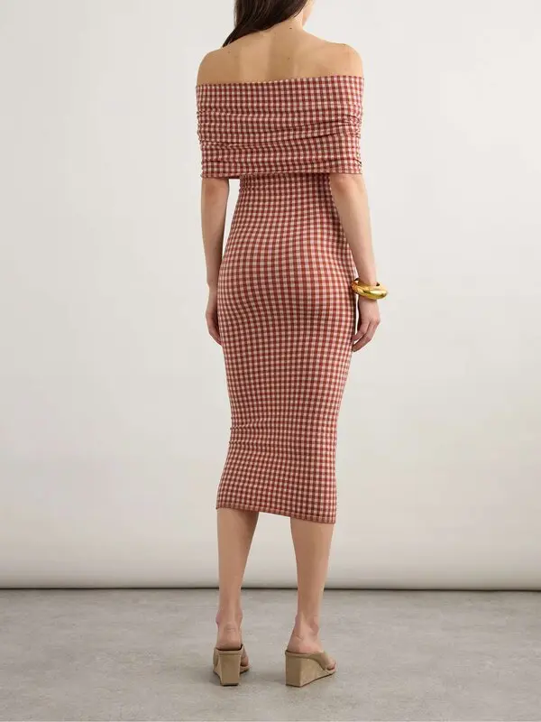 Alaïa Off-the-shoulder Checked Stretch-knit Midi Dress