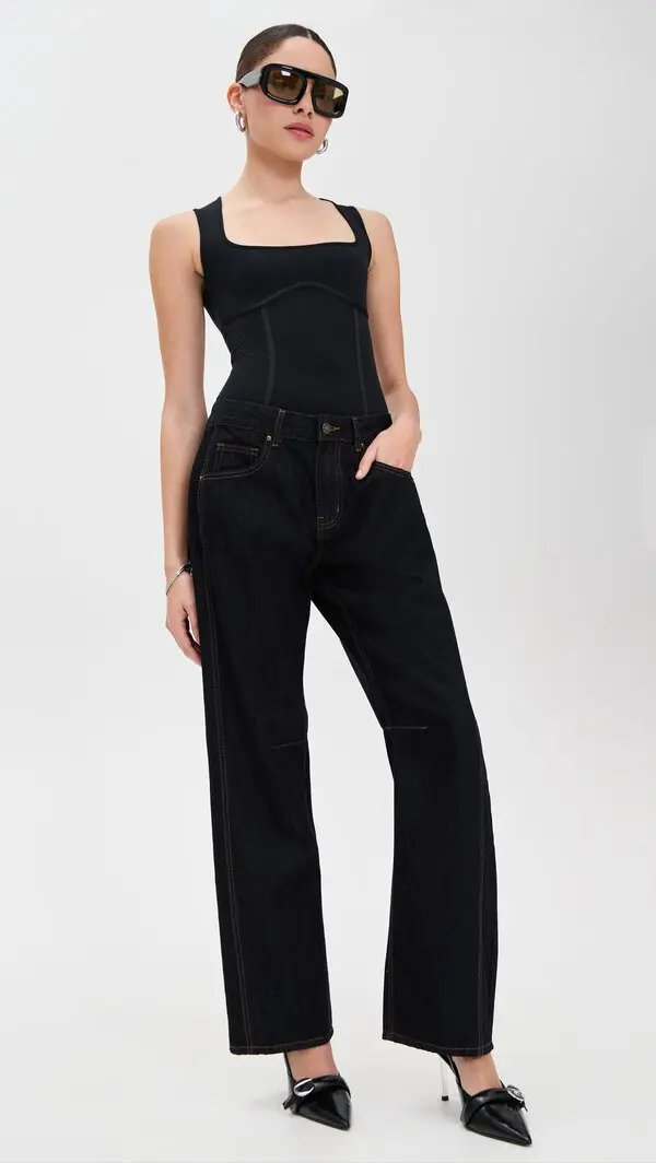 FLEUR DU MAL Cotton Scoop Neck Thong Bodysuit - Black