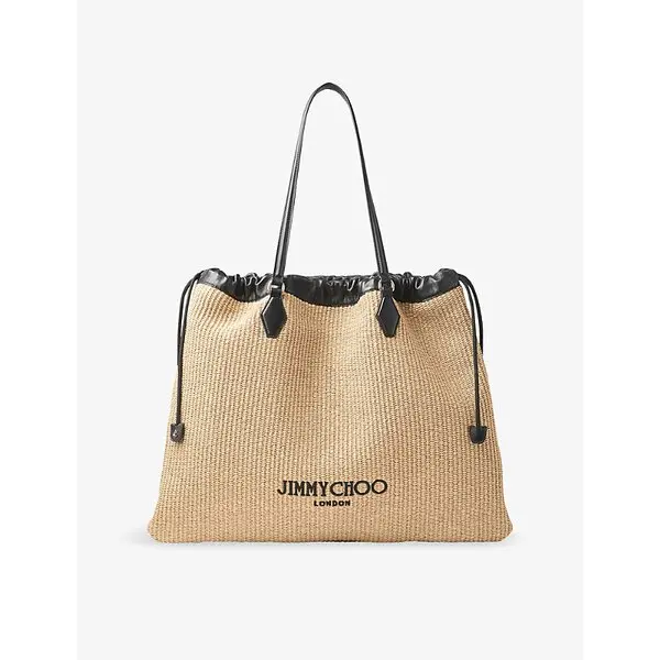 JIMMY CHOO Large Raffia And Leather Drawstring Tote Bag - Natural/black/gold