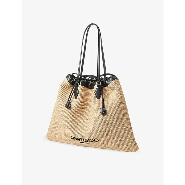 JIMMY CHOO Large Raffia And Leather Drawstring Tote Bag - Natural/black/gold