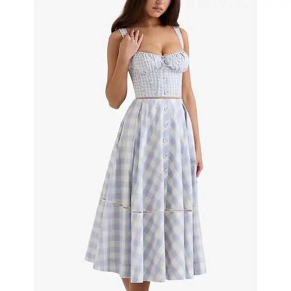 House Of Cb Stretch-Cotton Midi Dress - Gingham Zen Blue - 32% Off |  Editorialist