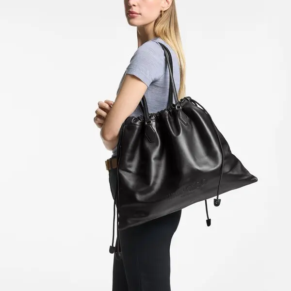 JIMMY CHOO Large Nappa Leather Drawstring Tote With Embossed Logo - Black