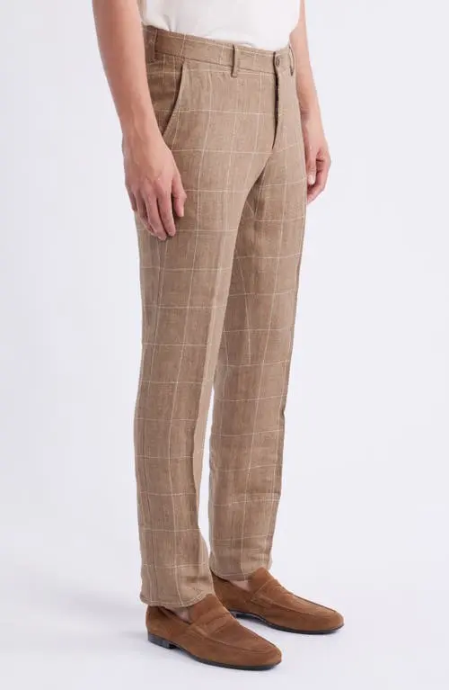 Berle Windowpane Check Linen Trousers - Tan