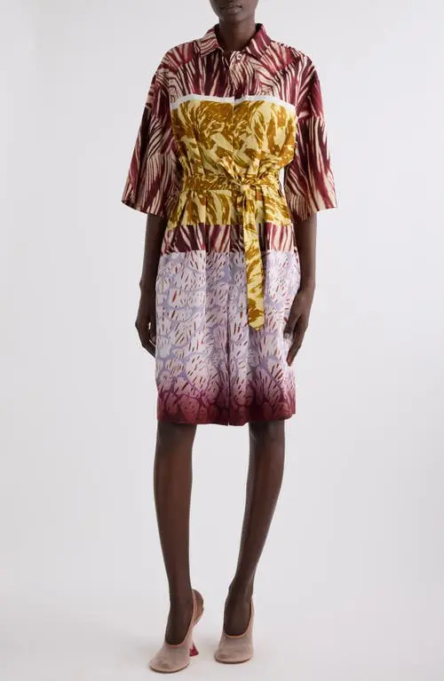 Dries Van Noten Doralia Printed Tie-Belt Shirtdress - Burgundy |  Editorialist
