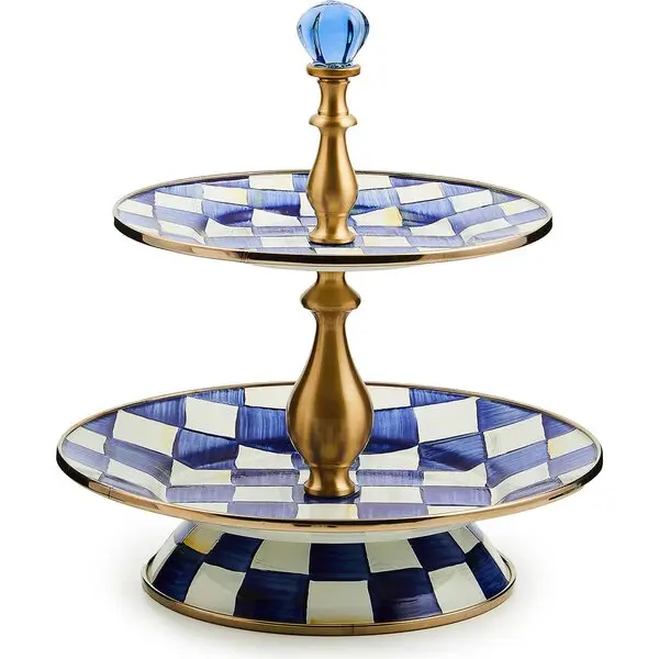 MACKENZIE-CHILDS Royal Check Enameled Steel 2-tier Sweet Stand - Blue/ White