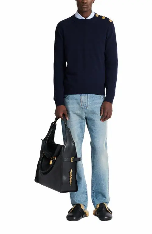 Balmain Eco-cashmere Jumper With Golden Metal Lion Press Studs - Navy