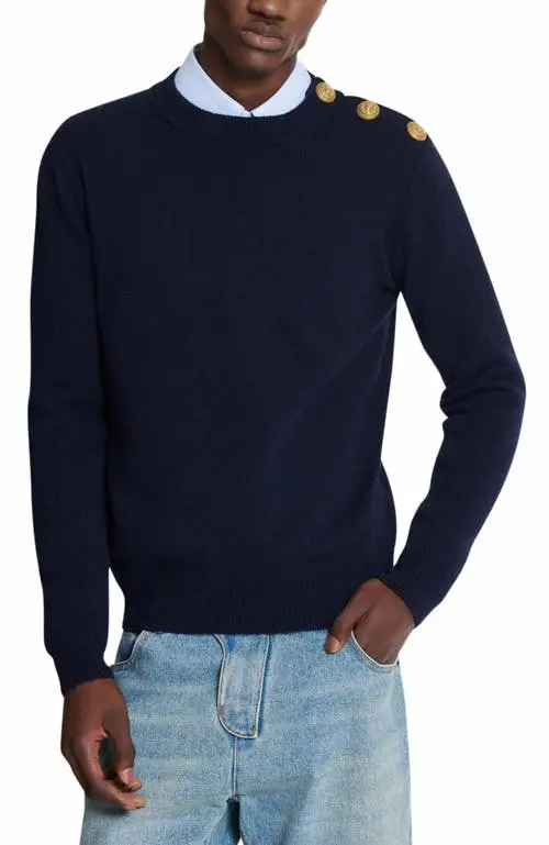 Balmain Eco-cashmere Jumper With Golden Metal Lion Press Studs - Navy