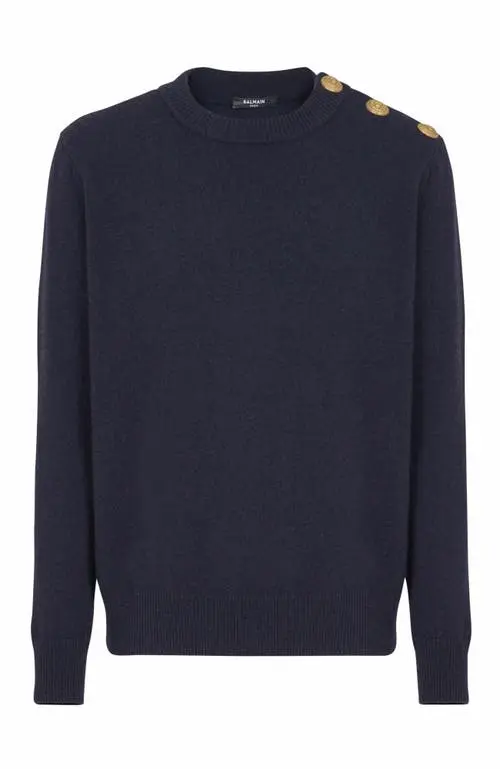 Balmain Eco-cashmere Jumper With Golden Metal Lion Press Studs - Navy