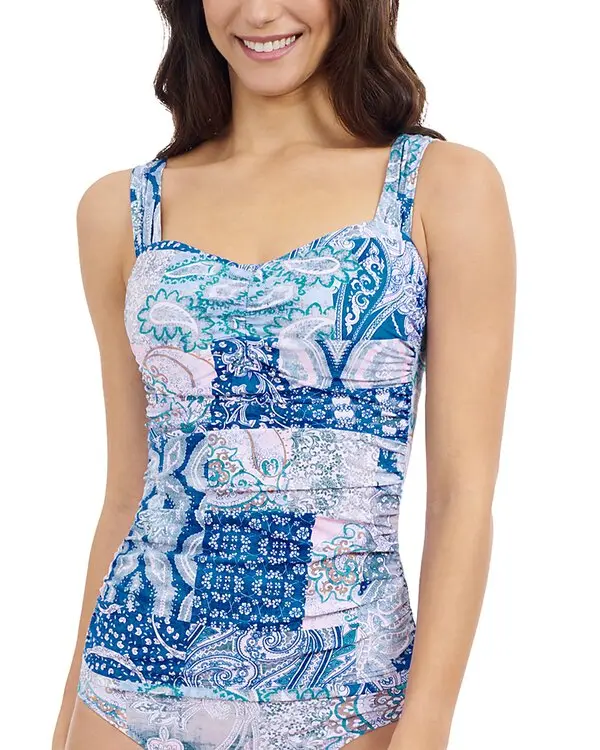 GOTTEX Printed Ruched Front Sweetheart Tankini - Blue Multi