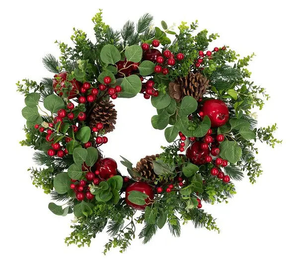 NORTHLIGHT Berries Boxwood And Pine Christmas W Eath 26 - One-color