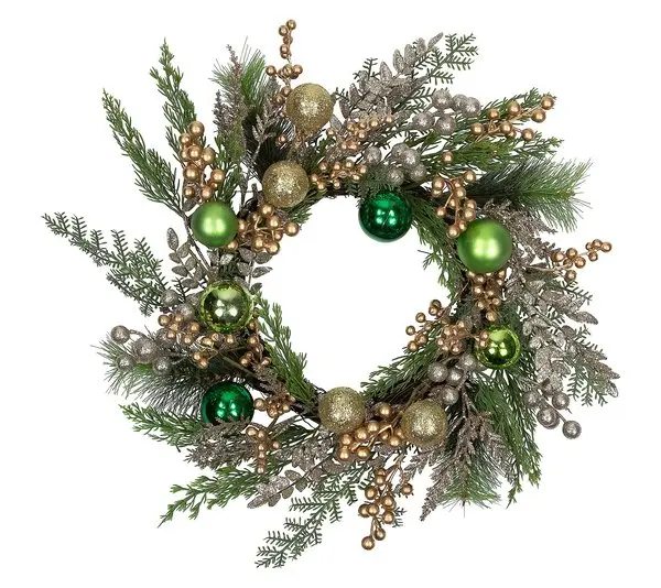 NORTHLIGHT Ornaments And Berries Christmas Wrea H 24 - One-color