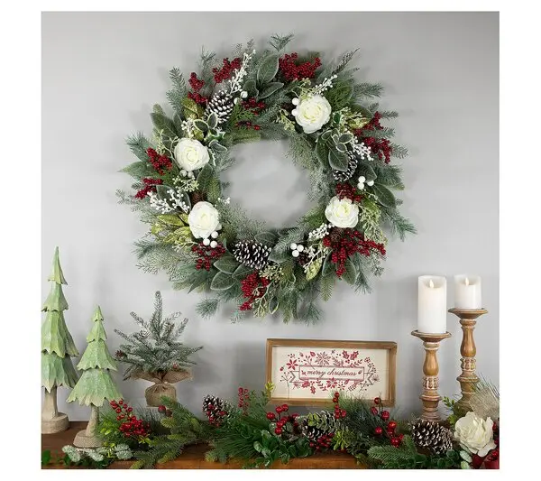 NORTHLIGHT Mixed Foliage And Roses Christmas Wreath 30