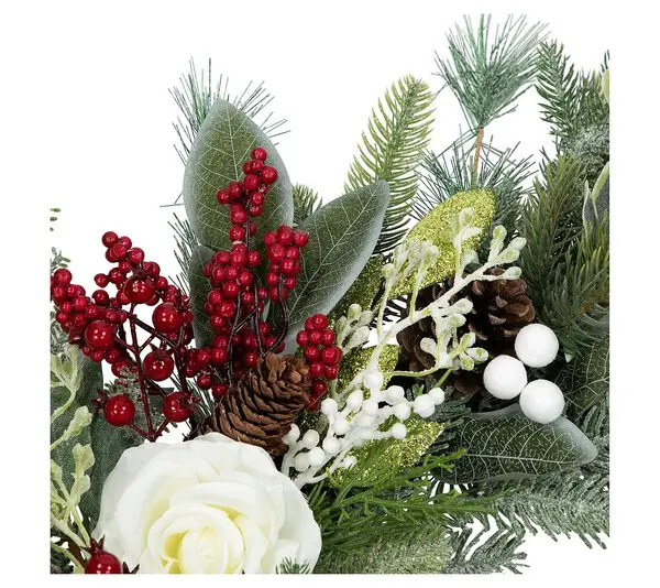 NORTHLIGHT Mixed Foliage And Roses Christmas Wreath 30