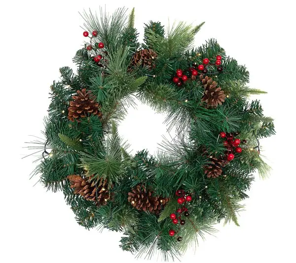 NORTHLIGHT Prelit Mixed Pine & Berries Christma Wreath 24 - One-color