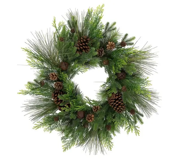NORTHLIGHT Pinecones And Jingle Bells Christmas Wreath 26 - One-color
