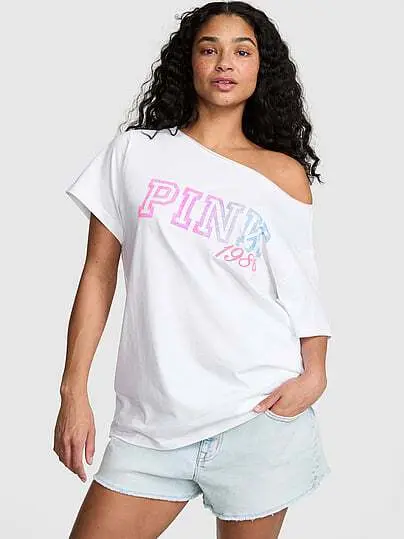 Pink Campus Cotton™ Off-the-shoulder Tee - White,ivory