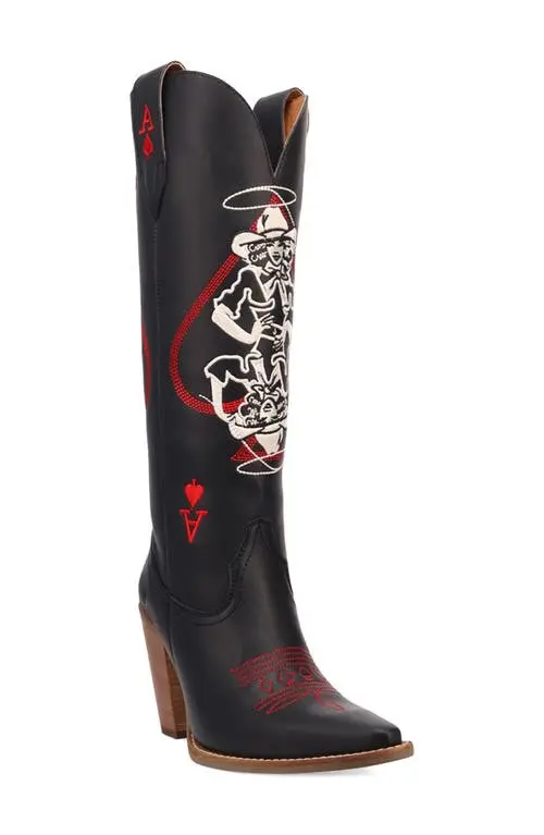 DINGO Ace Of Spades Embroidered Cowboy Boots - Black