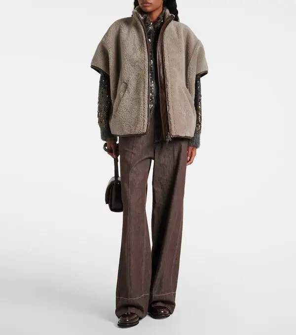 Brunello Cucinelli Monili Leather-trimmed Shearling Jacket