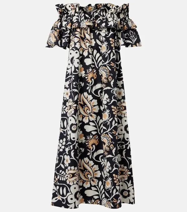 La DoubleJ Breakfast Ruffled Cotton Poplin Midi Dress - Multicoloured