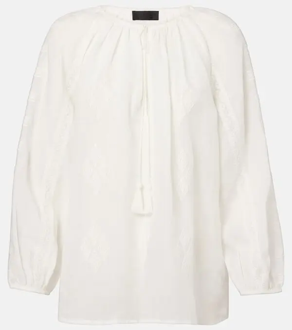 NILI LOTAN Embroidered Ramie Blouse - White