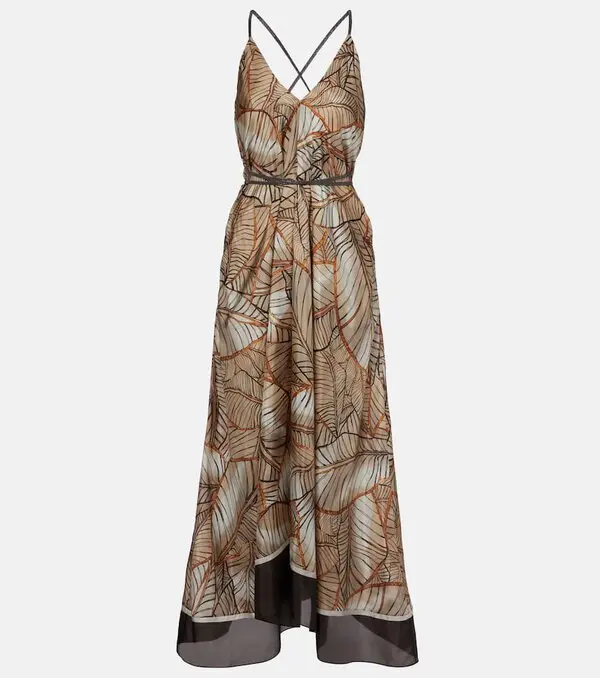 Brunello Cucinelli Printed Silk Maxi Dress - Brown