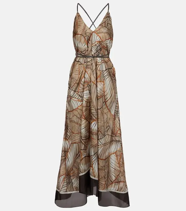 Brunello Cucinelli Printed Silk Maxi Dress - Brown