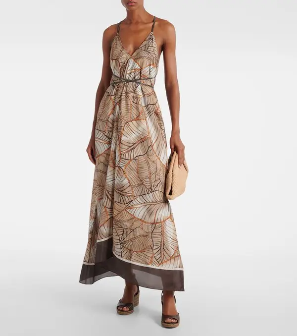 Brunello Cucinelli Printed Silk Maxi Dress - Brown