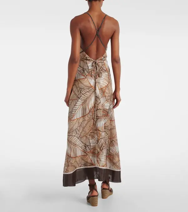 Brunello Cucinelli Printed Silk Maxi Dress - Brown