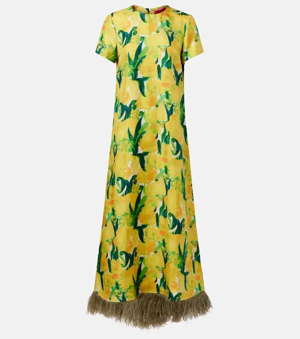 La DoubleJ Swing Feather-trimmed Maxi Dress - Yellow