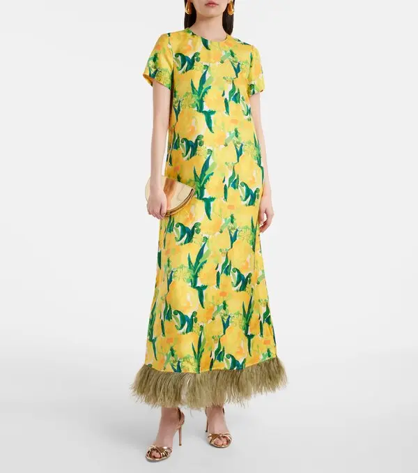 La DoubleJ Swing Feather-trimmed Maxi Dress - Yellow