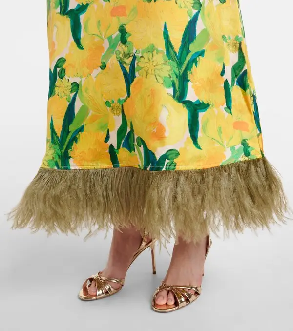 La DoubleJ Swing Feather-trimmed Maxi Dress - Yellow