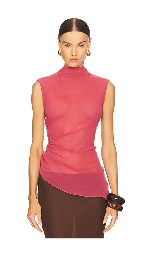 Lapointe Lightweight Georgette Mock Neck Ruched Top