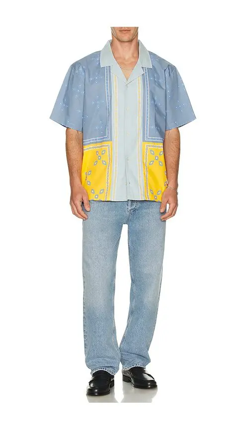 MEMORY LANE Patch Work Short Sleeve Shirt In Blue