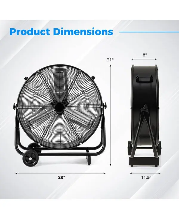 MECALE Industrial Drum Fan With 2 Wheels And 360-degree Adjustable Tilt