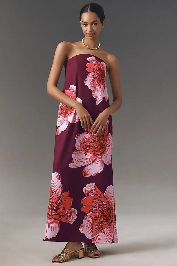 Bhldn Strapless Floral Column Maxi Dress - Wine