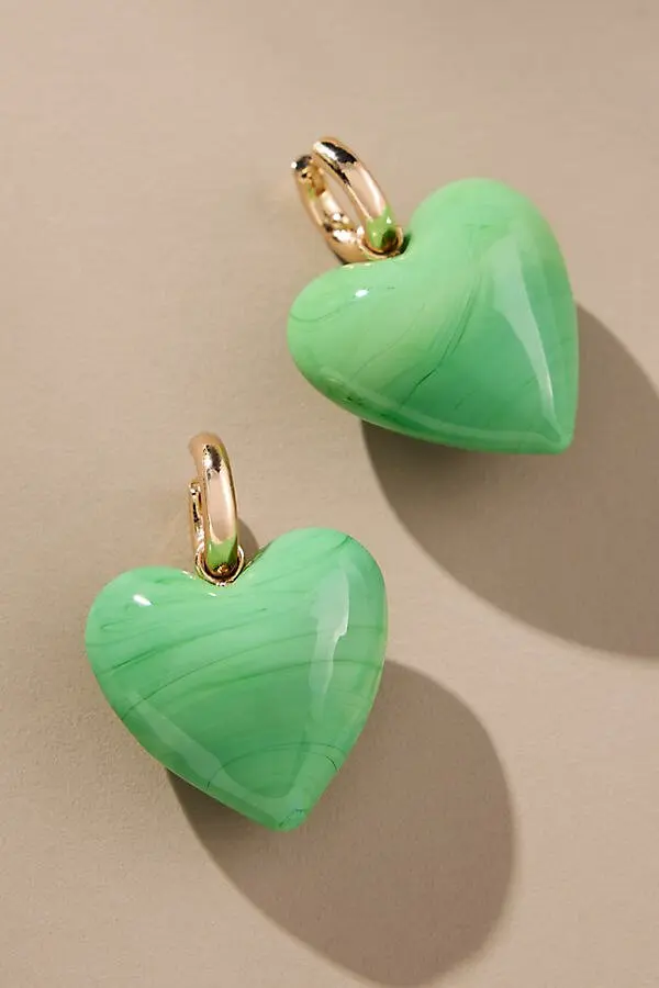 Anthropologie Icon Charm Huggie Hoop Earrings - Green Heart