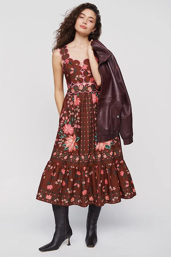 Farm Rio X Sleeveless Scallop-trim Printed Midi Dress - Brown Pattern