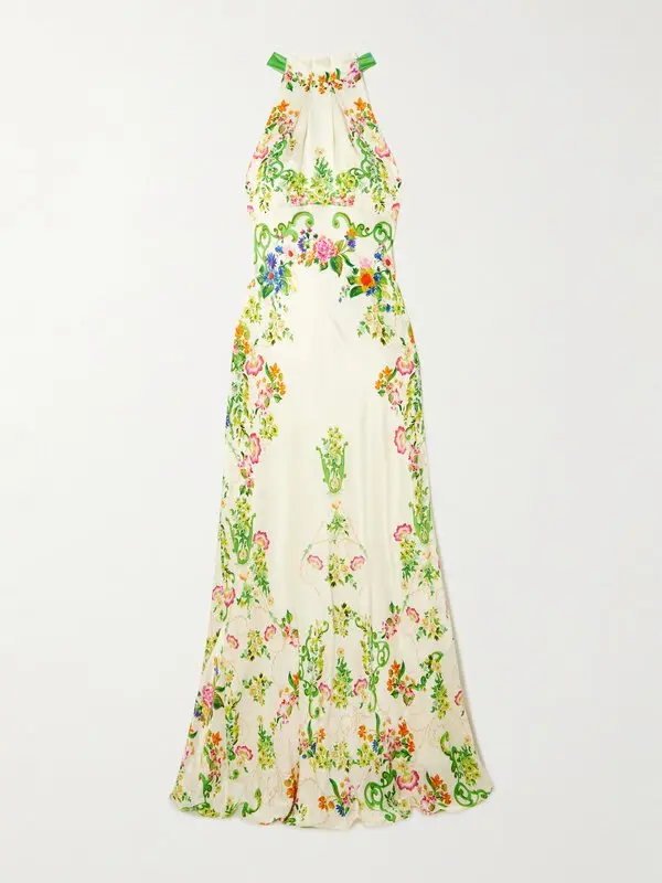 Saloni Michelle Floral-print Hammered-silk Gown