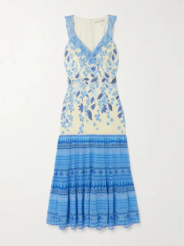 Saloni Amy Printed Plissé Silk-georgette Midi Dress