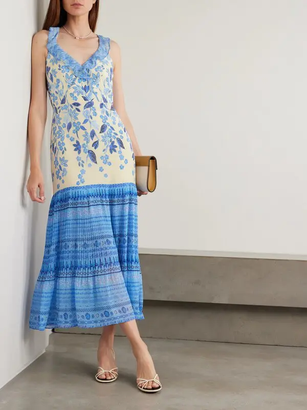Saloni Amy Printed Plissé Silk-georgette Midi Dress