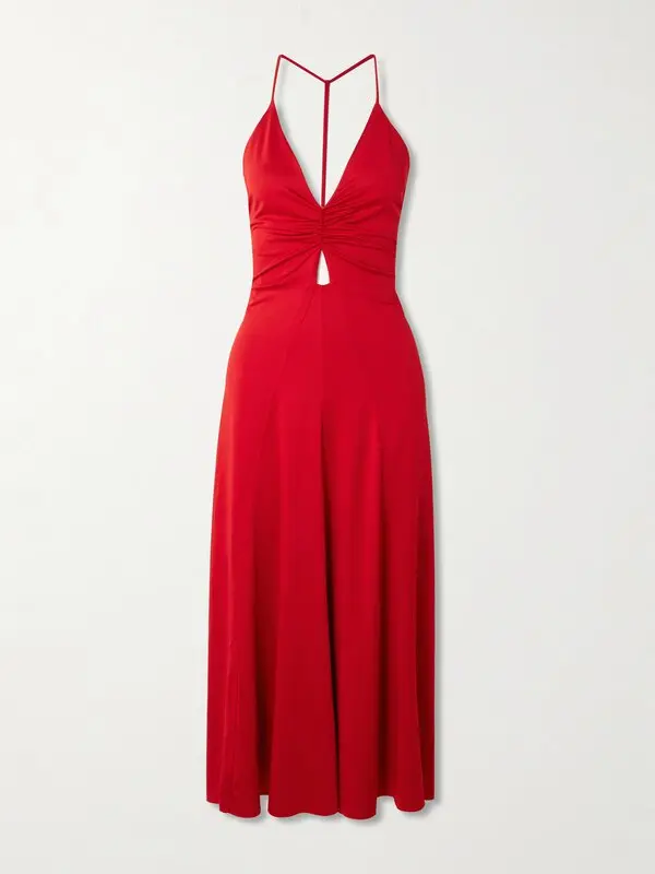 Victoria Beckham Cutout Ruched Satin-jersey Midi Dress - Red