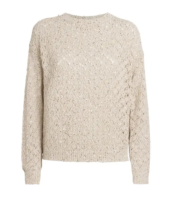 Eleventy Cotton Sequined V-neck Sweater - Beige