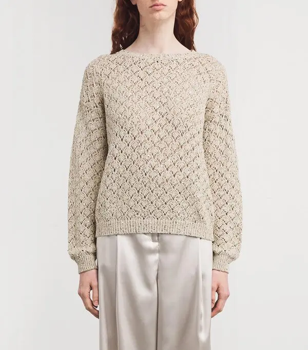 Eleventy Cotton Sequined V-neck Sweater - Beige