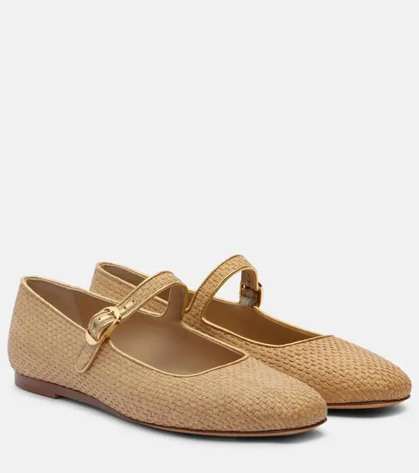 Le Monde Beryl Leather-trimmed Raffia Mary Jane Flats - Brown