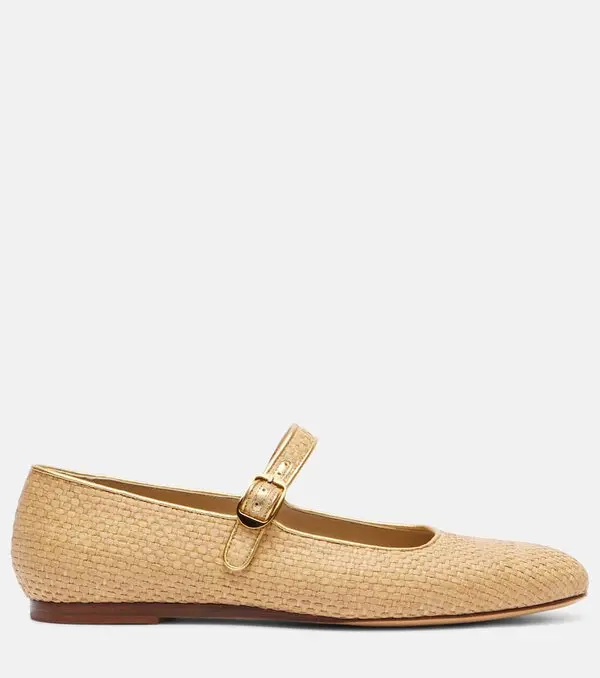 Le Monde Beryl Leather-trimmed Raffia Mary Jane Flats - Brown