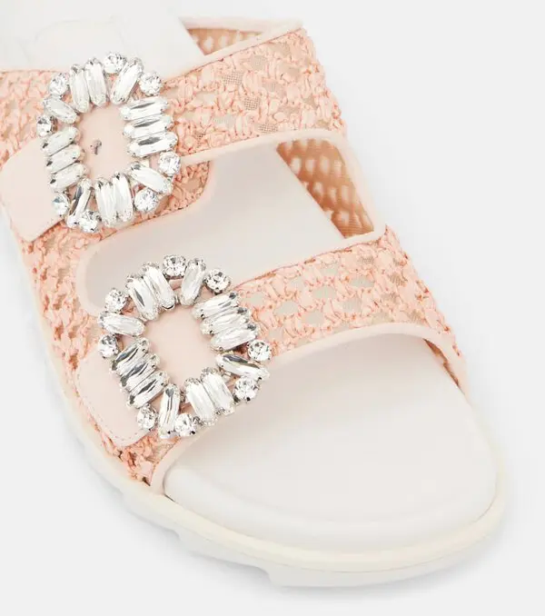 Roger Vivier Slidy Viv Crystal-Embellished Raffia Sandals