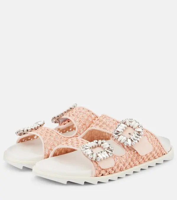 ROGER VIVIER Slidy Viv Crystal-embellished Raffia Sandals - Pink